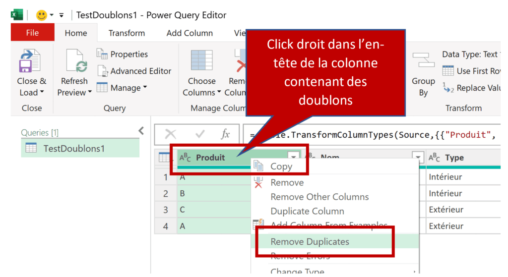 Supprimer les doublons avec Power Query