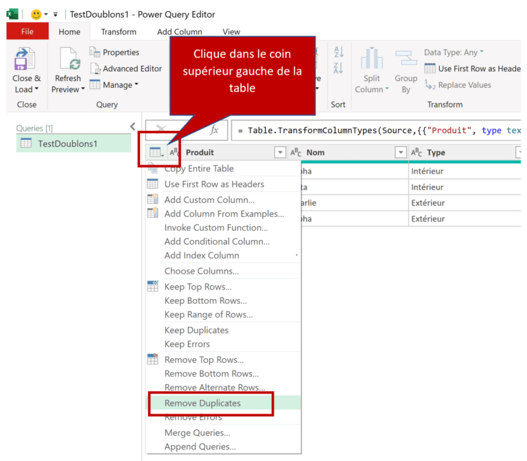 Supprimer les doublons avec Power Query